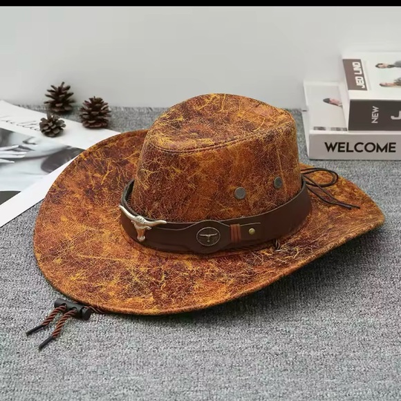 Accessories | Distressed Faux Brown Leather Cowboy Hat | Poshmark